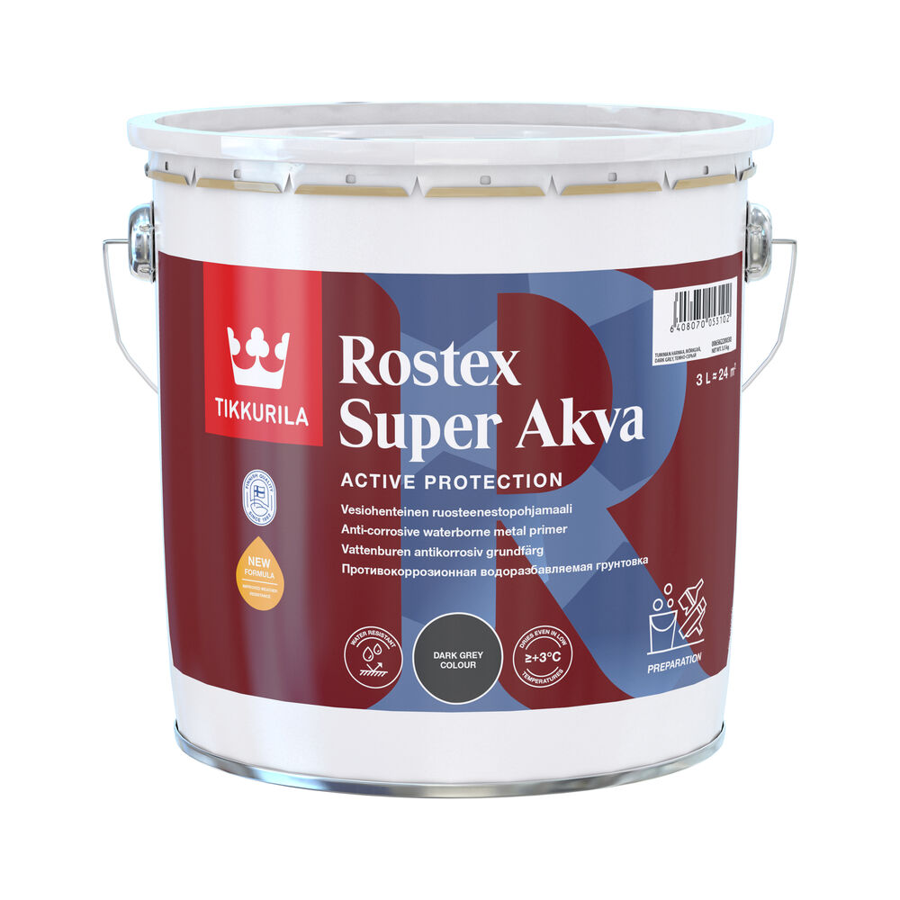 Ruosteenestopohjamaali Rostex Super Akva 3 L Tumma harmaa | STARK ...